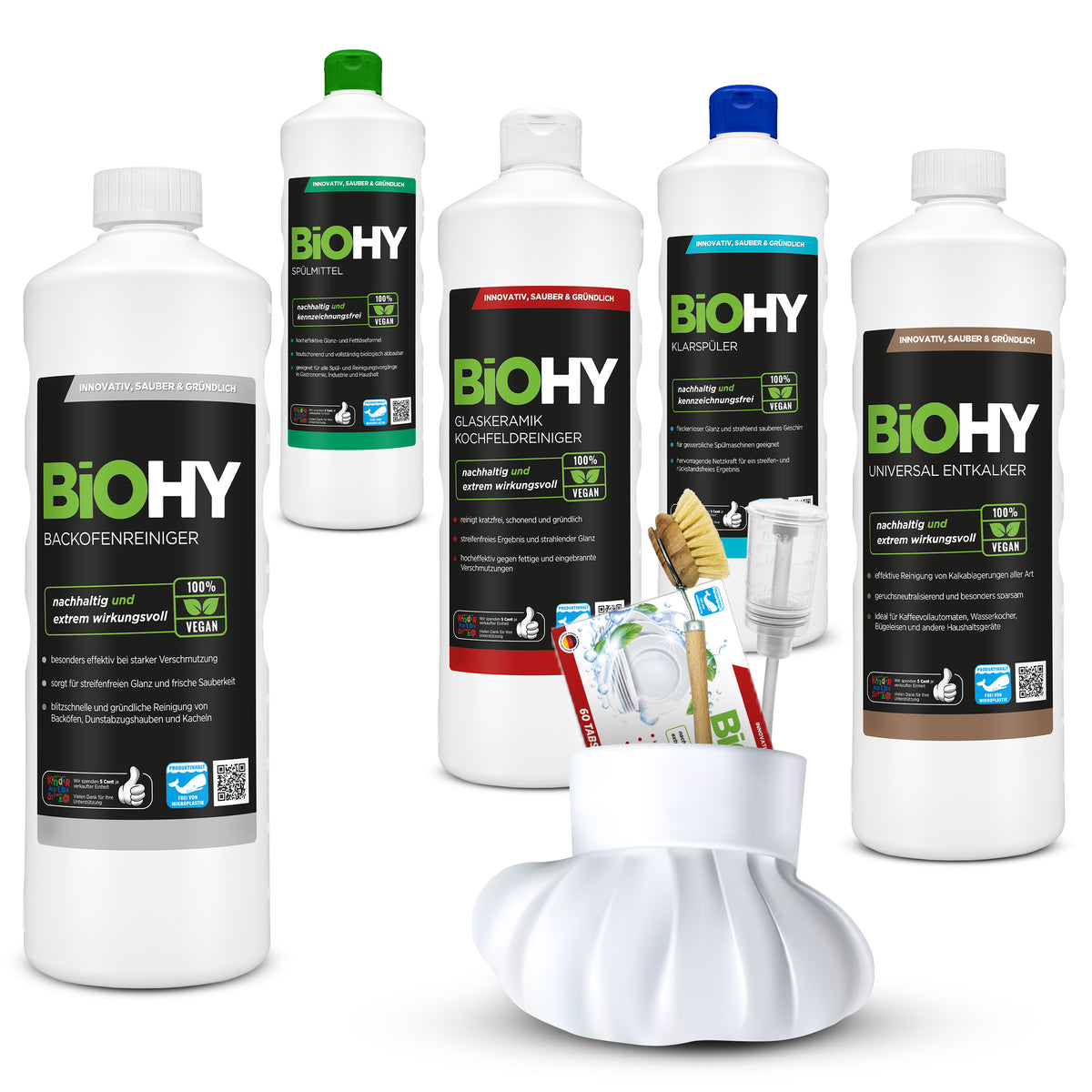 BiOHY complete chef's set + accessories, detergent, dishwasher tabs, r